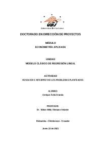 Modelo Clásico de regresión Lineal Ejercicio | Ejercicios de Introducción a la Econometría | Docsity
