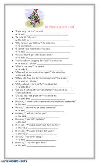 Reported speech exercices | Ejercicios de Inglés | Docsity