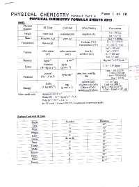 Physical Chemistry Formula Sheet - Docsity