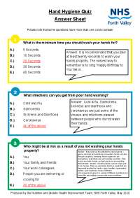 Hand Hygiene Quiz Answer Sheet 1 2 3 | Exercises Nutrition | Docsity