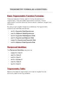 TRIGNOMETRY FORMULAS & IDENTITIES | Cheat Sheet Mathematics - Docsity