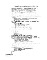 Word Processing Formatting Exercise | Slides Microsoft Word Skills - Docsity