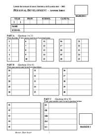 PERSONAL DEVELOPMENT – ANSWER SHEET | Exercises Science education | Docsity