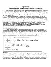 Experiment 6 Qualitative Tests for Alcohols, Alcohol Unknown ...