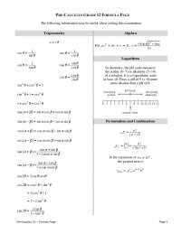 PRE-CALCULUS GRADE 12 FORMULA PAGE | Summaries Pre-Calculus | Docsity