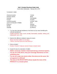 Unit 5 Chemical Reactions Study Guide | Summaries Law | Docsity