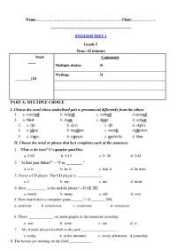 English test grade 5 with answer key | Exercises English | Docsity