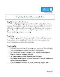 Paraphrasing, Quoting and Summarizing Tip Sheet | Study Guides ...