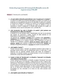 Guía de preguntas de filosofía del curso de ingreso 2023 UNLAM (salud) | Ejercicios de Filosofía ...