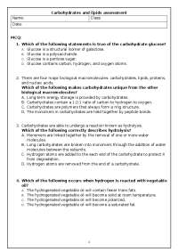 Carbohydrates and lipids assignment | Exercises Biology | Docsity