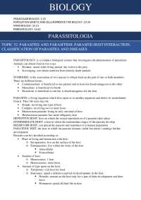 Parasitology notes for biology | Study notes Parasitology | Docsity